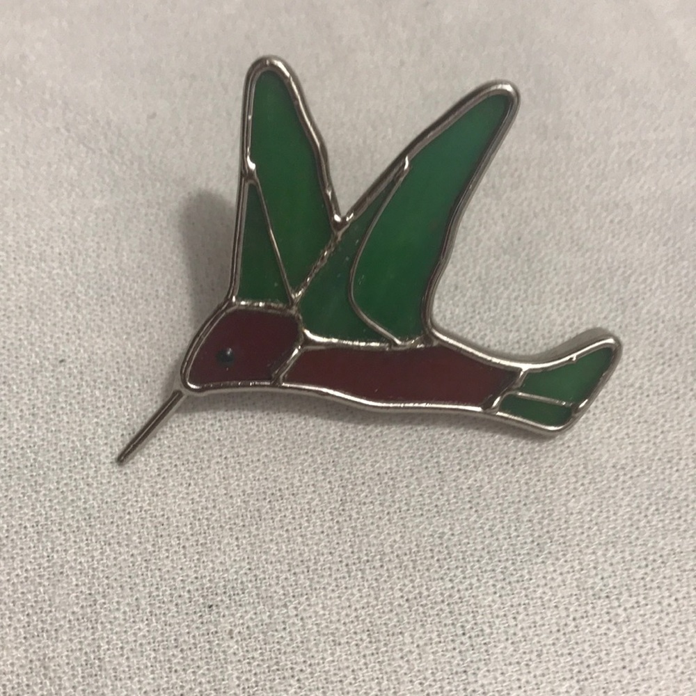 Vintage Mcm Stained Glass Hummingbird Brooch - Gem